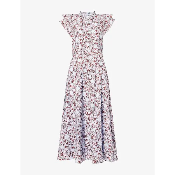 ME+EM Floral-print Woven Fit-and-flare Midi Dress - Blue Multi