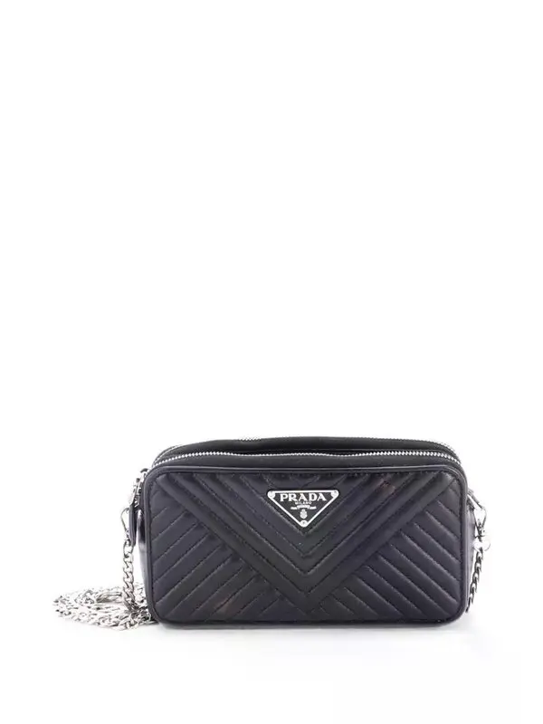 Prada Double Zip Wallet On Chain Crossbody Chevron Leather Mini Shoulder Bag - Black