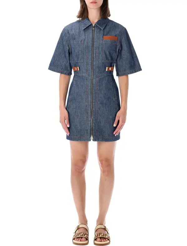Fendi Short Sleeve Denim Shirt With Oversized Patch - Blu