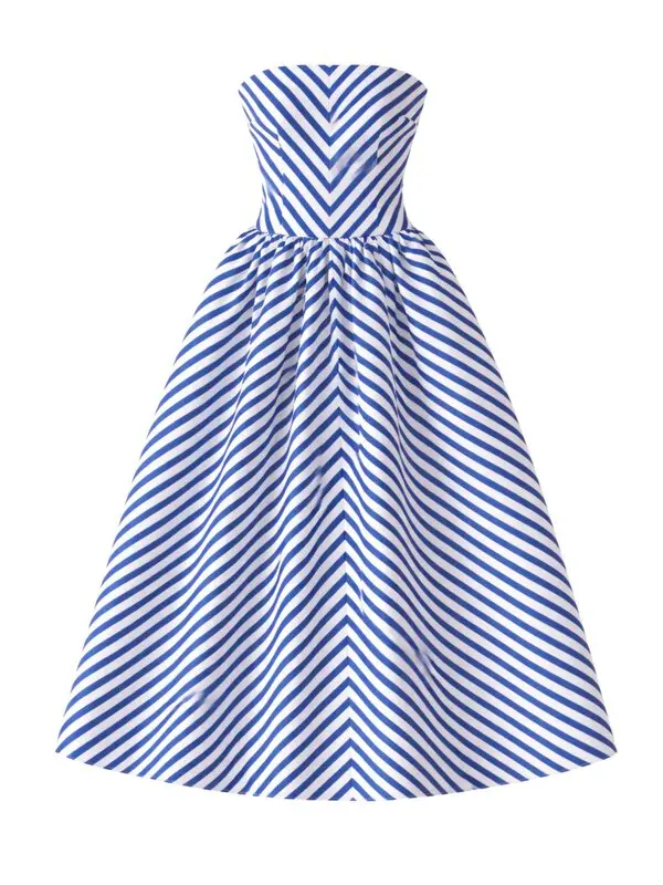 SELF-PORTRAIT Striped Midi Dress With Fitted Bodice And Full Skirt - Navy