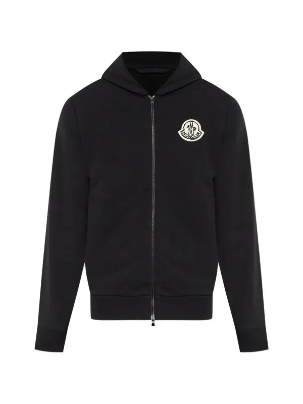 Moncler Cotton Zip Hoodie With Logo Detail - Nero