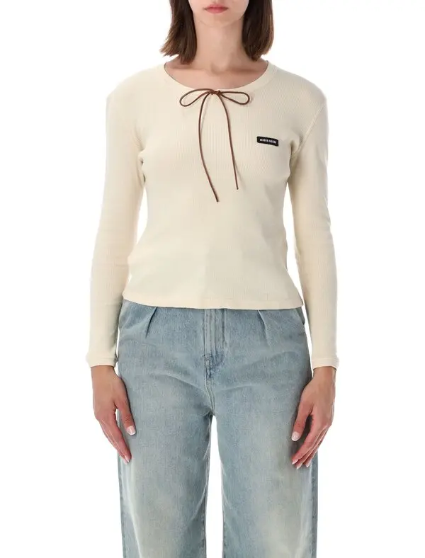 Miu Miu Waffle Knit Long Sleeve Top With Lace-up Detail - Neutrals