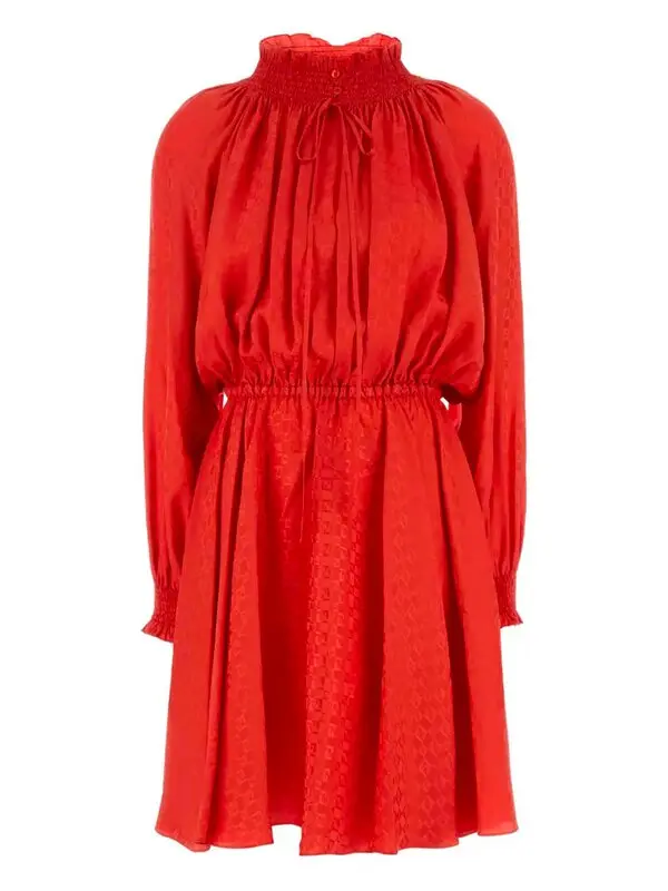 Fendi Silk Jacquard Mini Dress With High Neck And Tie Detail - Rosso