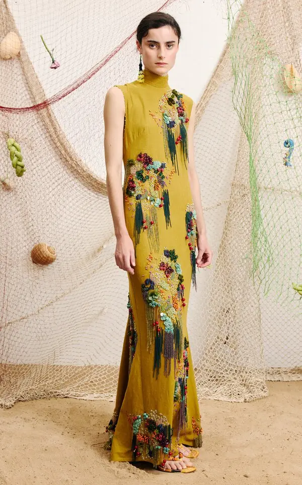 ALEMAIS Florencia Beaded Hemp-cotton Gown