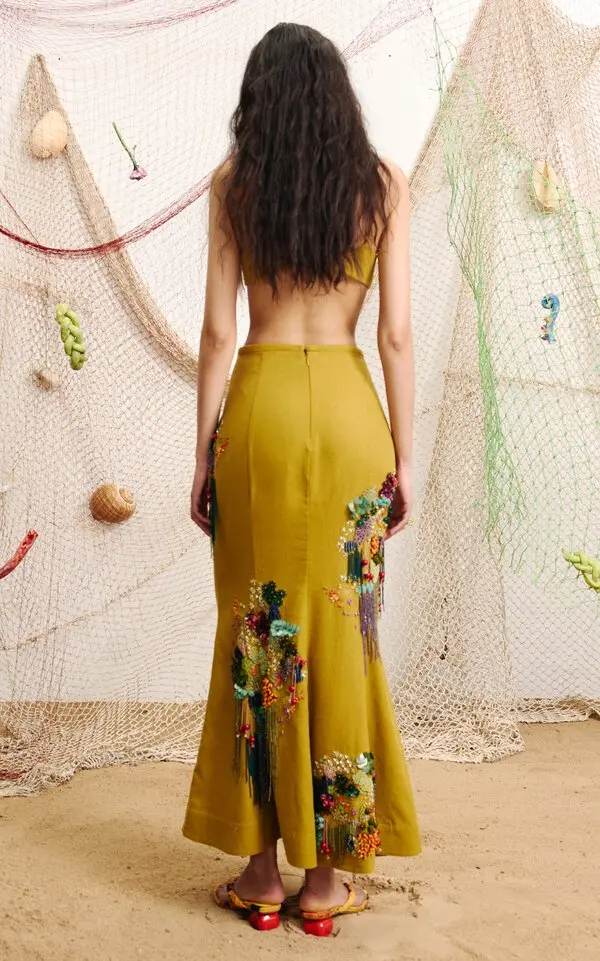 ALEMAIS Florencia Beaded Hemp-cotton Maxi Skirt