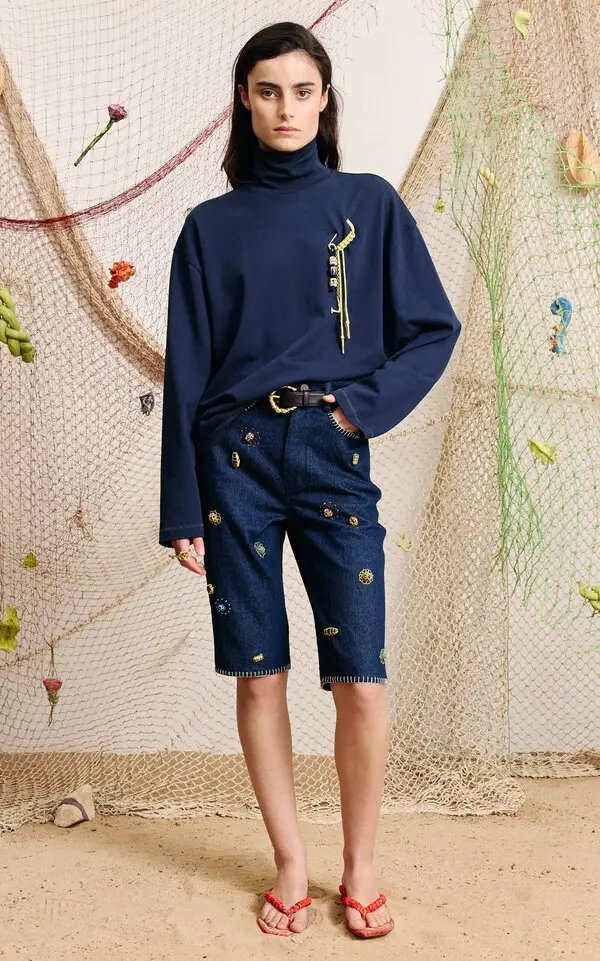 ALEMAIS Celestine Embellished Denim Bermuda Shorts