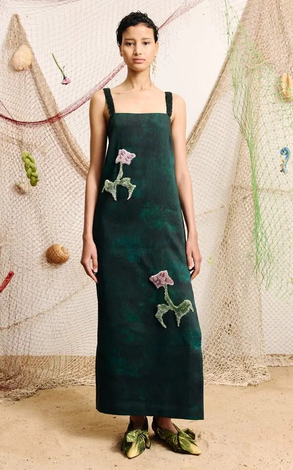 ALEMAIS Rosalia Beaded Linen-blend Midi Dress