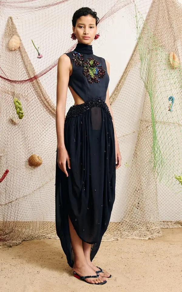 ALEMAIS Martina Beaded Chiffon Midi Dress