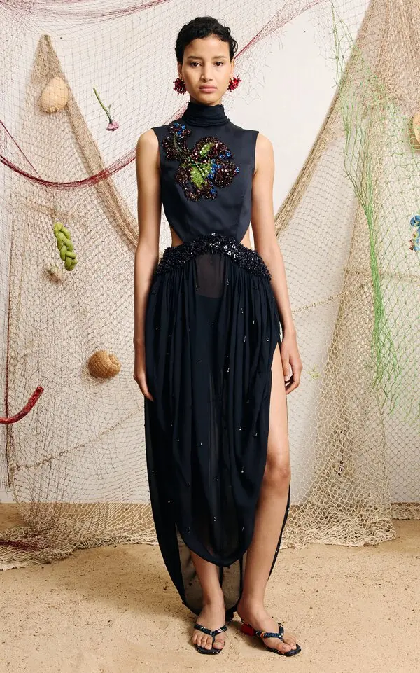 ALEMAIS Martina Beaded Chiffon Midi Dress