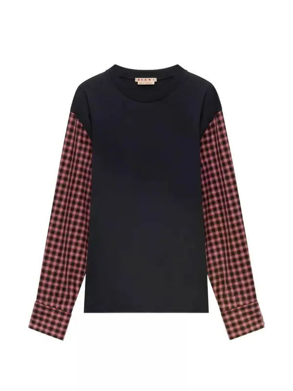 Marni Deep Cotton T-shirt With Checked Shirt-sleeves - Blue