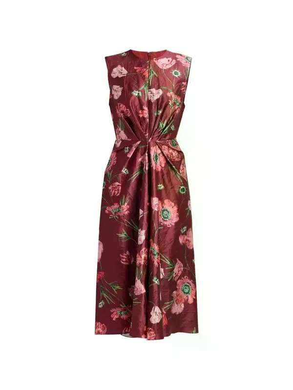 Erdem Textured Satin Floral Print Midi Dress - Red
