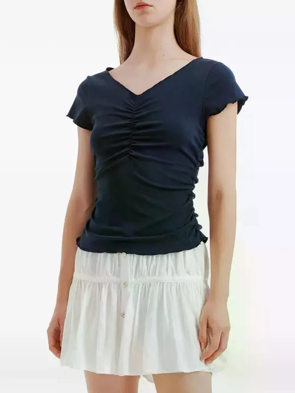 B+AB Ruched Lettuce-trim V-neck T-shirt
