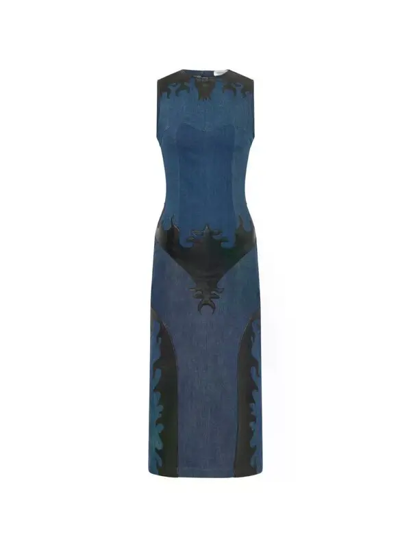 MARINE SERRE Panelled Denim Midi Dress With Leather Accents - Blue