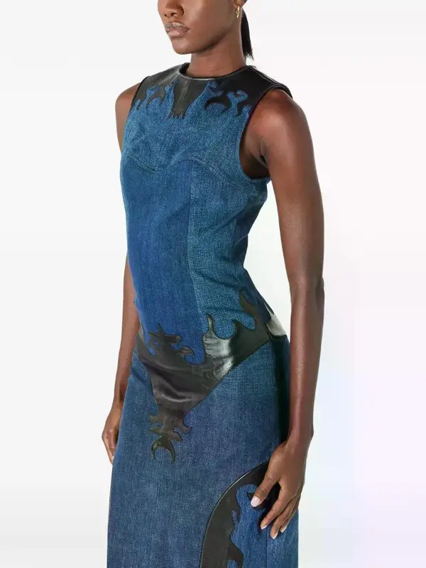 MARINE SERRE Leather-patch Denim Midi Dress