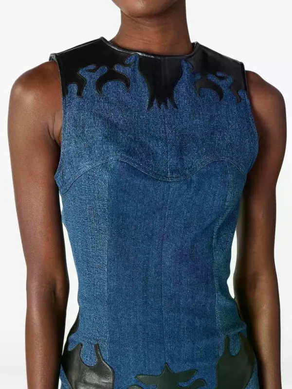 MARINE SERRE Leather-patch Denim Midi Dress