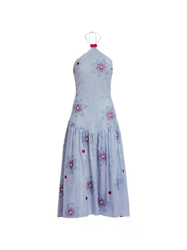 Silvia Tcherassi Floral Embroidered Striped Midi Dress - Blue