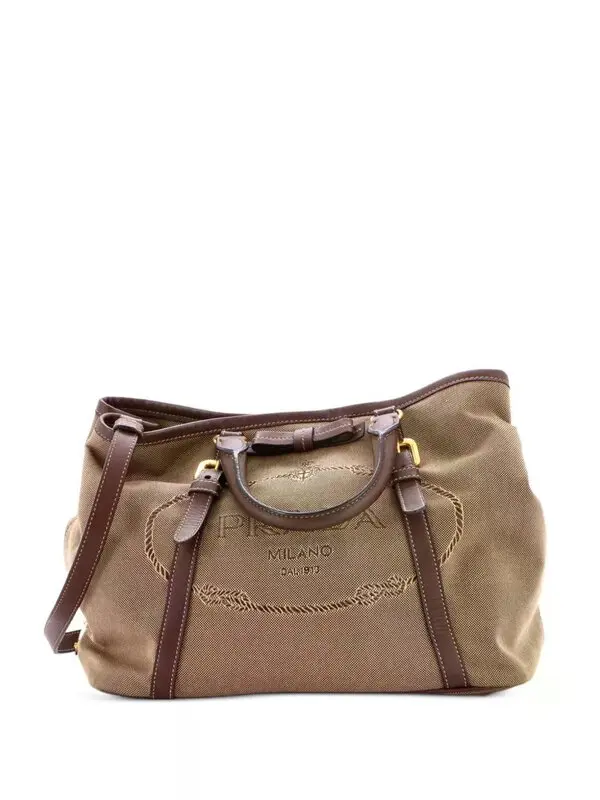 Prada Logo Convertible Canvas And Leather Tote Bag - Brown