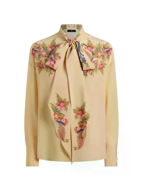 Etro Pure Silk Crepe De Chine Shirt With Placed Floral Print And Scarf Detail - Neutrals