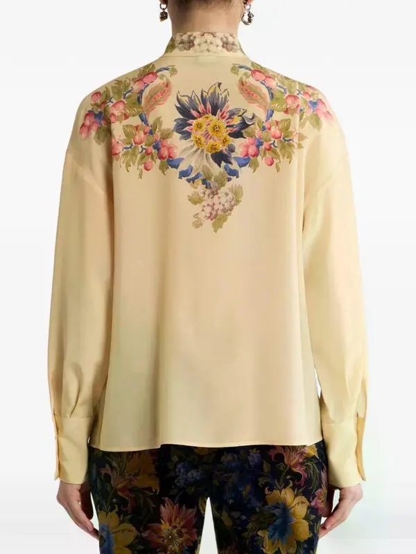 Etro Pure Silk Crepe De Chine Shirt With Placed Floral Print And Scarf Detail