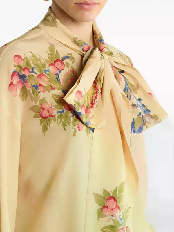 Etro Pure Silk Crepe De Chine Shirt With Placed Floral Print And Scarf Detail