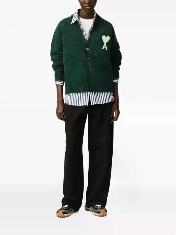 AMI Paris Alpaca V-neck Cardigan With De Coeur Intarsia