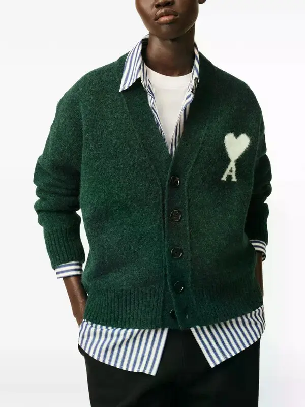 AMI Paris Alpaca V-neck Cardigan With De Coeur Intarsia - Green