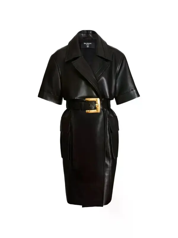 Balmain Belted Lambskin Leather Dress - Black