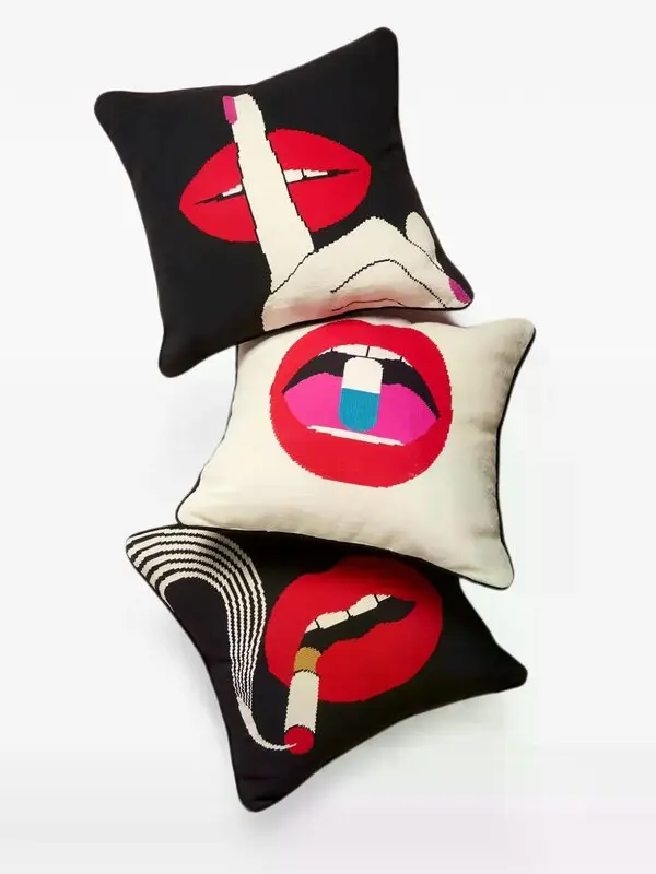 Jonathan Adler Lips-motif Embroidered Cushion