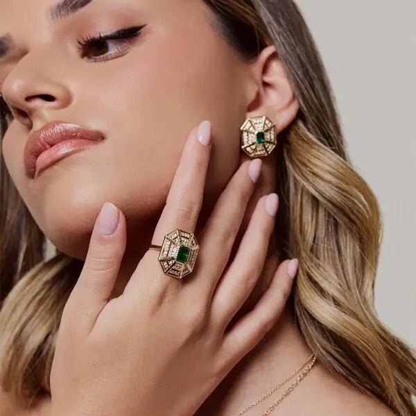 Duniya Emerald And Diamond Web Ring In 14k Gold