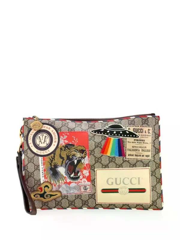 Gucci Gg Coated Canvas Applique Pouch - Brown