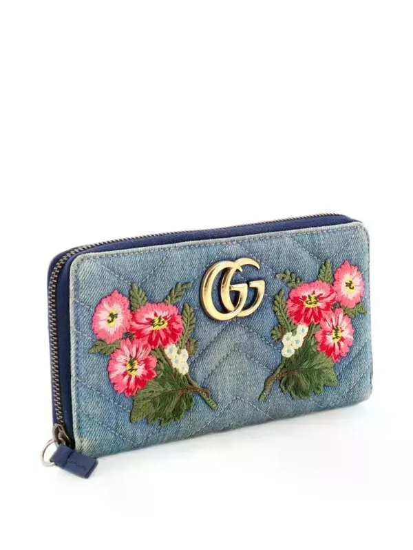 Gucci Gg Marmont Zip Around Wallet Embroidered Matelasse Denim Small Wallets - Blue
