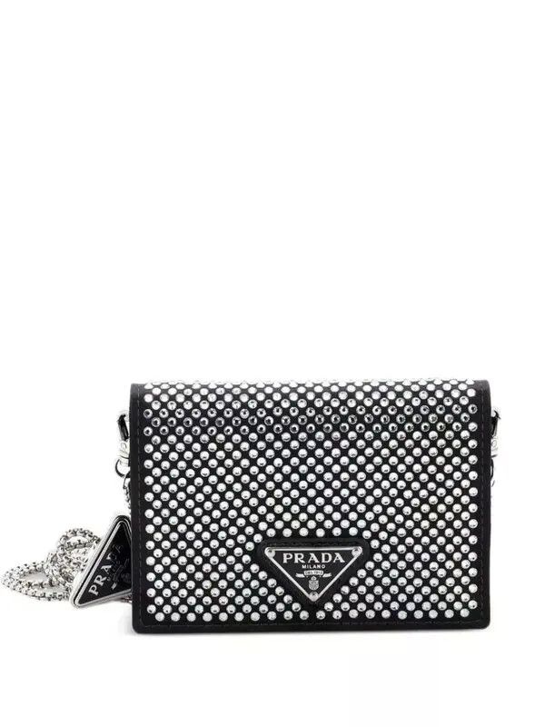 Prada Flap Card Holder With Chain Satin With Crystals Crossbody Bag - Black