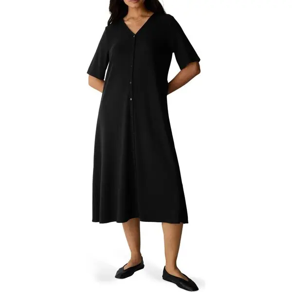 Eileen Fisher Ribbed V-neck Midi Dress - Black