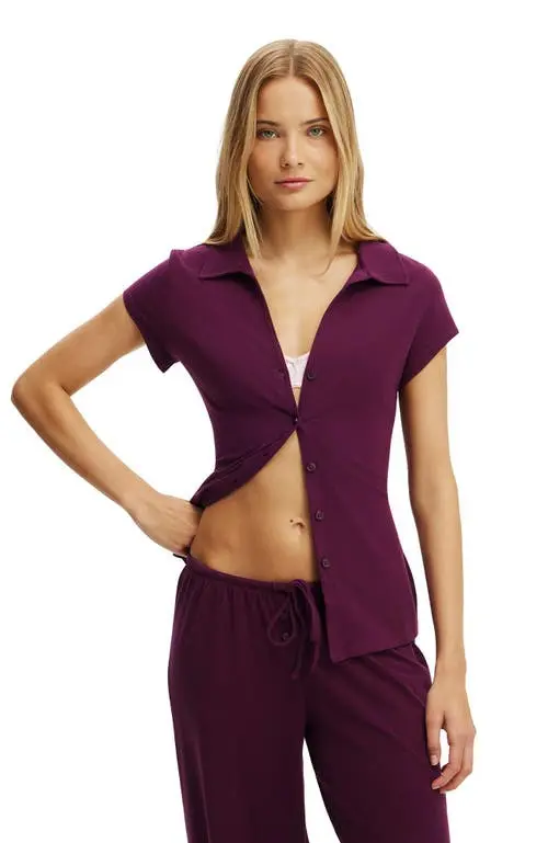 Cotton:on Dreamy Soft Button Up Fitted Polo - Blackcurrant