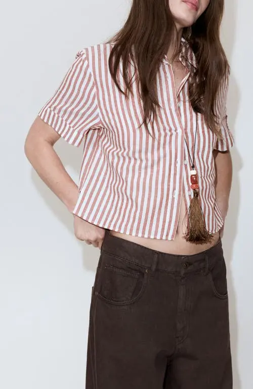 Mango Stripe Short Sleeve Cotton & Linen Button-up Shirt - Maroon