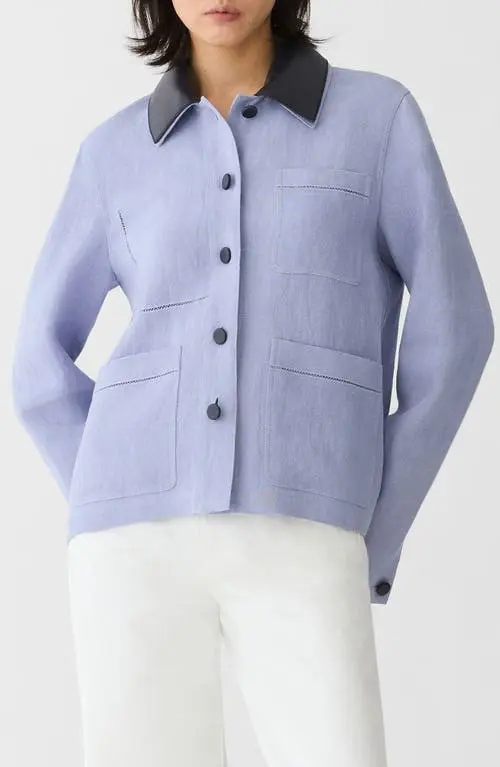 Lafayette 148 New York Linen Blend Canvas Jacket With Detachable Leather Collar - Catmint