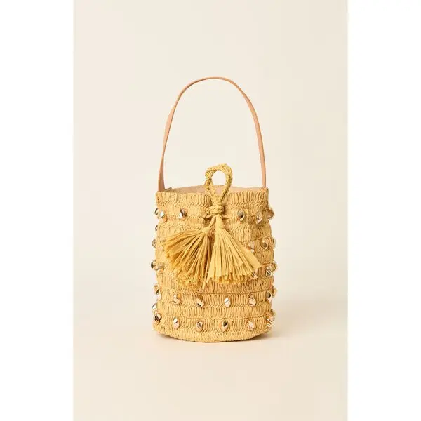 BTB LOS ANGELES Studded Raffia Bucket Bag - Natural