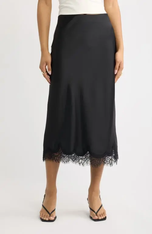 OPEN EDIT Lace Trim Satin Midi Skirt - Black
