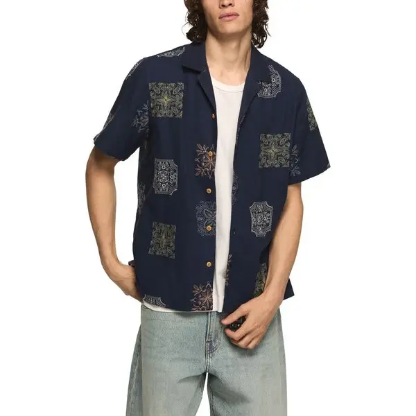 Lucky Brand Embridered Tile Pattern Cotton Camp Shirt