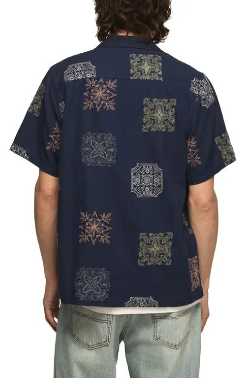 Lucky Brand Embridered Tile Pattern Cotton Camp Shirt