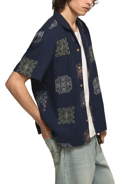 Lucky Brand Embridered Tile Pattern Cotton Camp Shirt