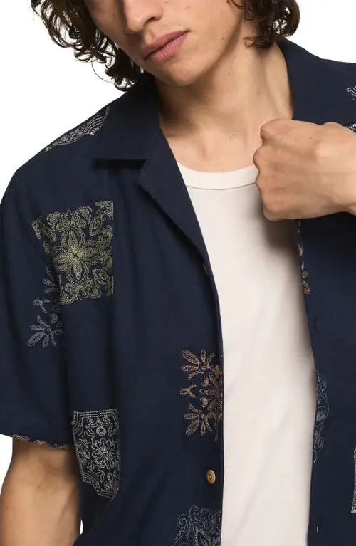 Lucky Brand Embridered Tile Pattern Cotton Camp Shirt