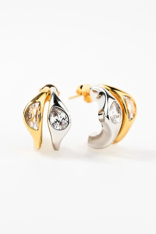 ZYNNIA COLLECTIVE Two-tone Sculptural Hoop Earrings With Pear-cut Stone - Two Tone