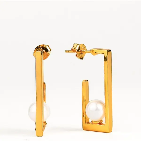 ZYNNIA COLLECTIVE 18k Plated Sterling Silver Pearl Frame Hoop Earrings - Gold