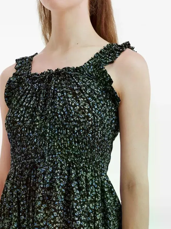 B+AB Floral-print Shirred Dress With Ruffled Shoulders