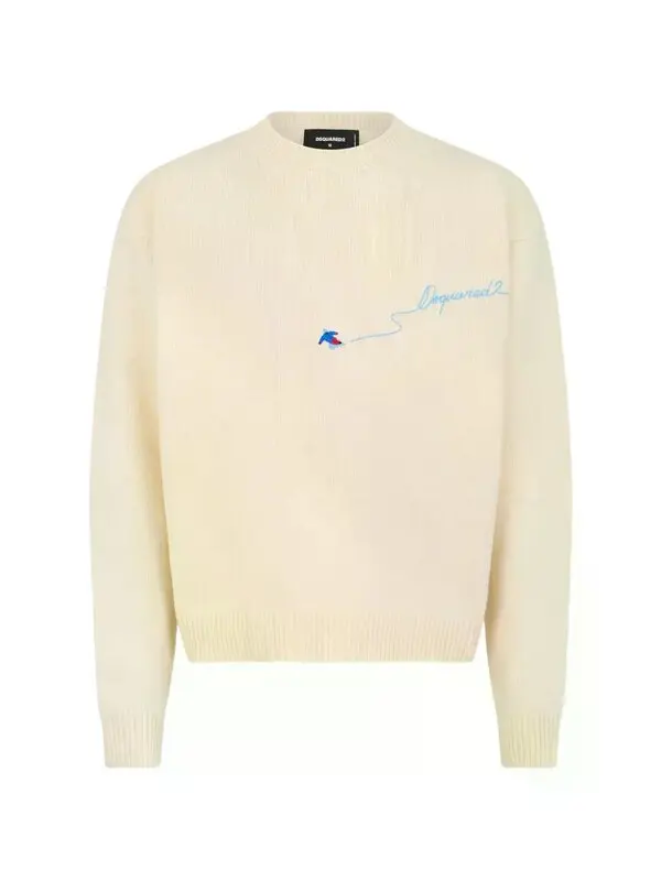 Dsquared2 Cream White Virgin Wool Embroidered Logo Crew Neck Sweater