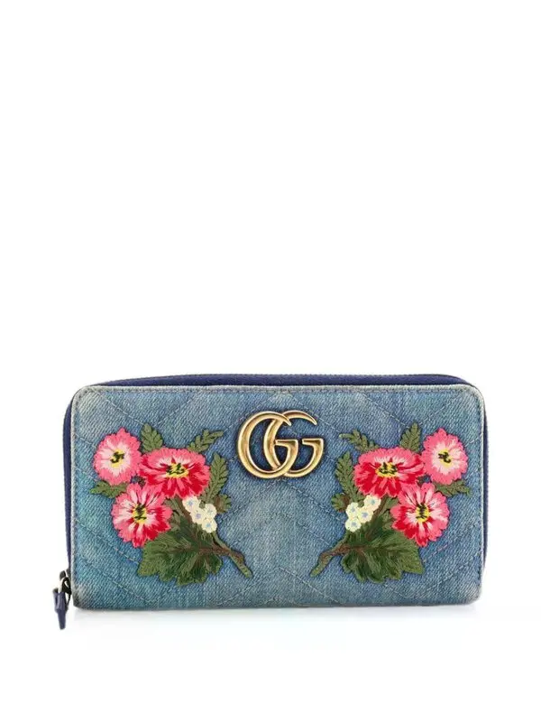 Gucci Gg Marmont Zip Around Wallet Embroidered Matelasse Denim Small Wallets - Blue