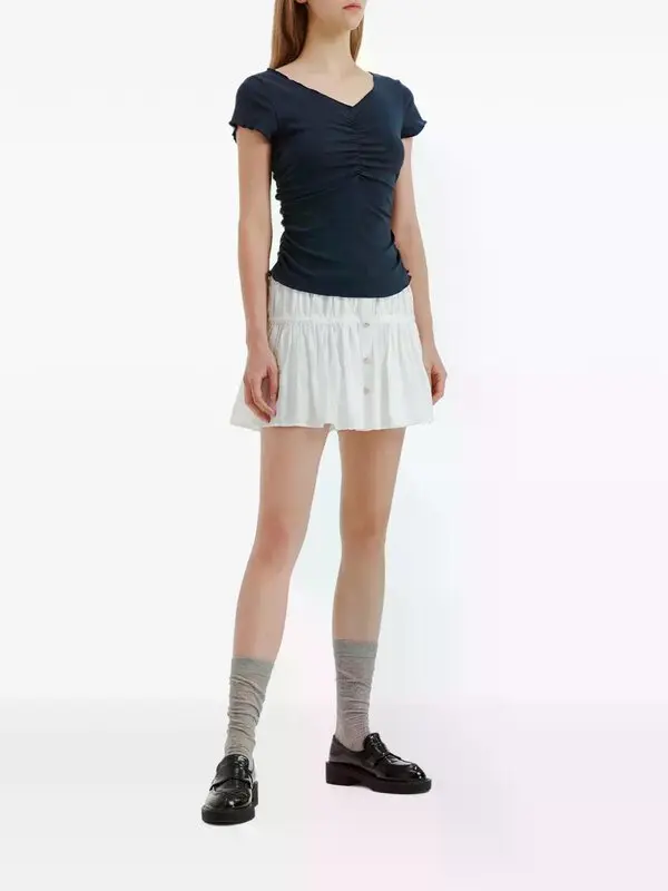 B+AB Ruched Lettuce-trim V-neck T-shirt - Blue