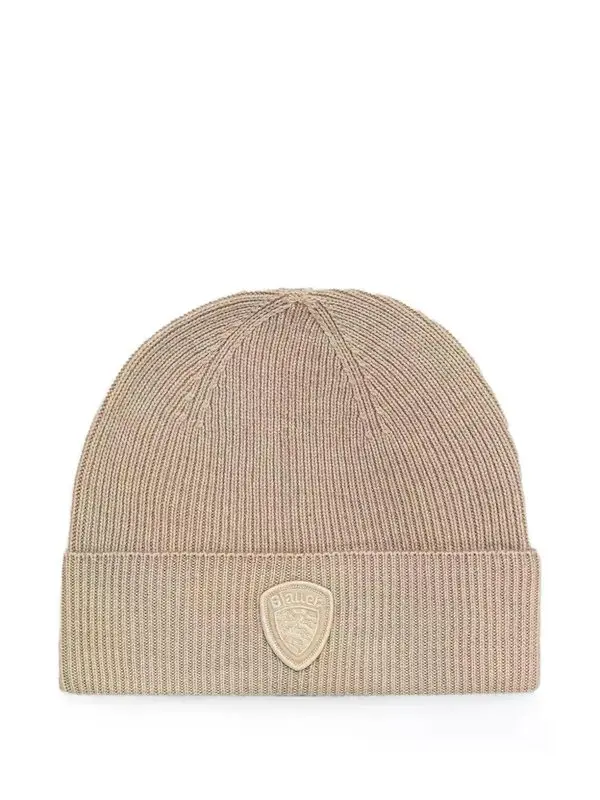 BLAUER. Oliver Ribbed Logo Patch Beanie Hat - Neutrals