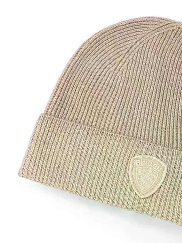 BLAUER. Oliver Ribbed Logo Patch Beanie Hat